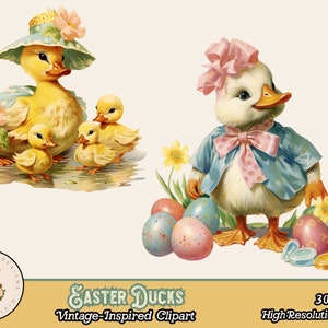 Easter Duck Clipart, Vintage Yellow Ducks PNG, Duckling Clipart, Floral ...