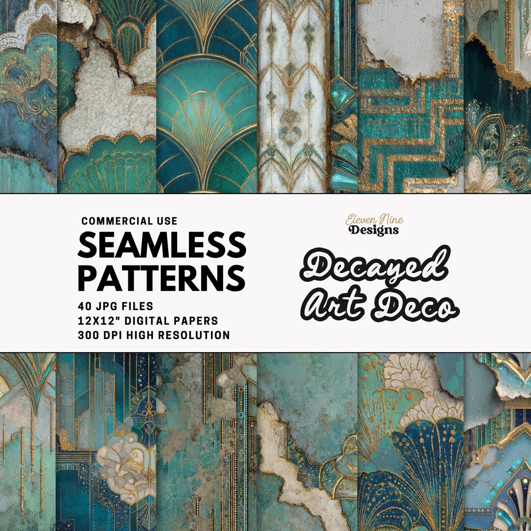 Decayed Art Deco Digital Paper, Seamless Teal Grunge Art Deco Patterns ...