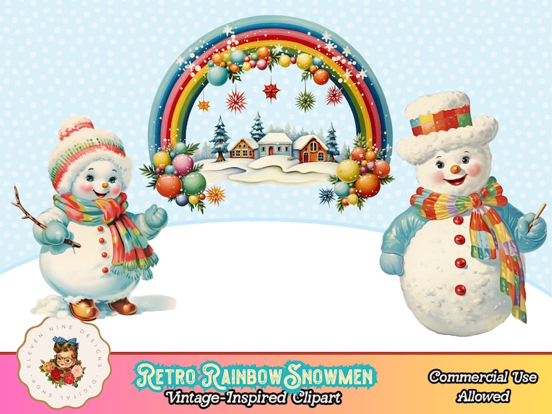 Snowmen Digital Clipart, Cute Rainbow Snowmen Clipart PNG, Retro ...