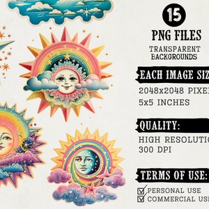 Retro Rainbow Clipart PNG, Sun and Stars Clipart, Celestial Clipart ...