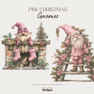 Pink Christmas Gnome Clipart, PNG Holiday Gnomes | Vintage-inspired ...