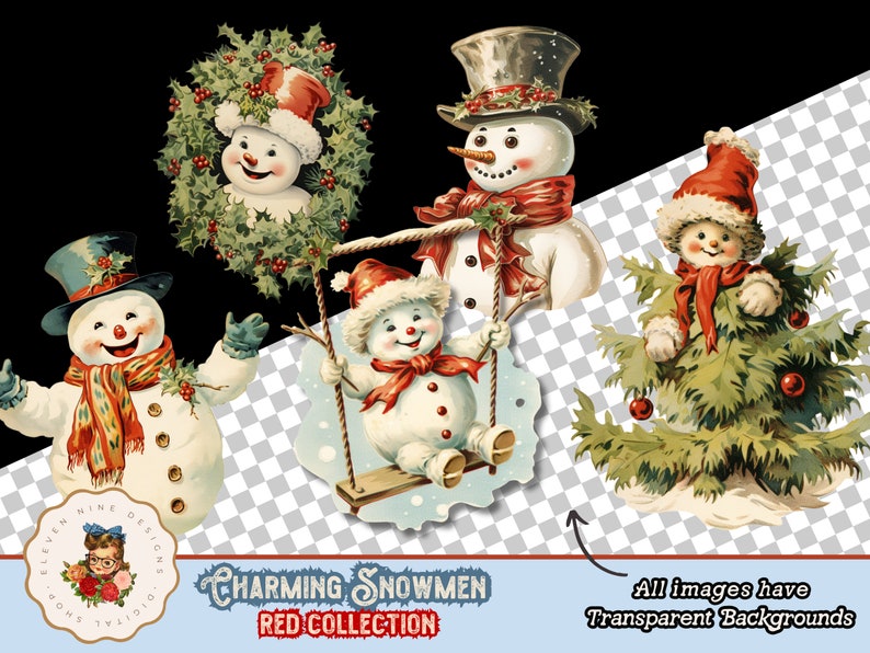 Cute Snowman Digital Clipart, Christmas Snowmen Clipart PNG, Vintage ...