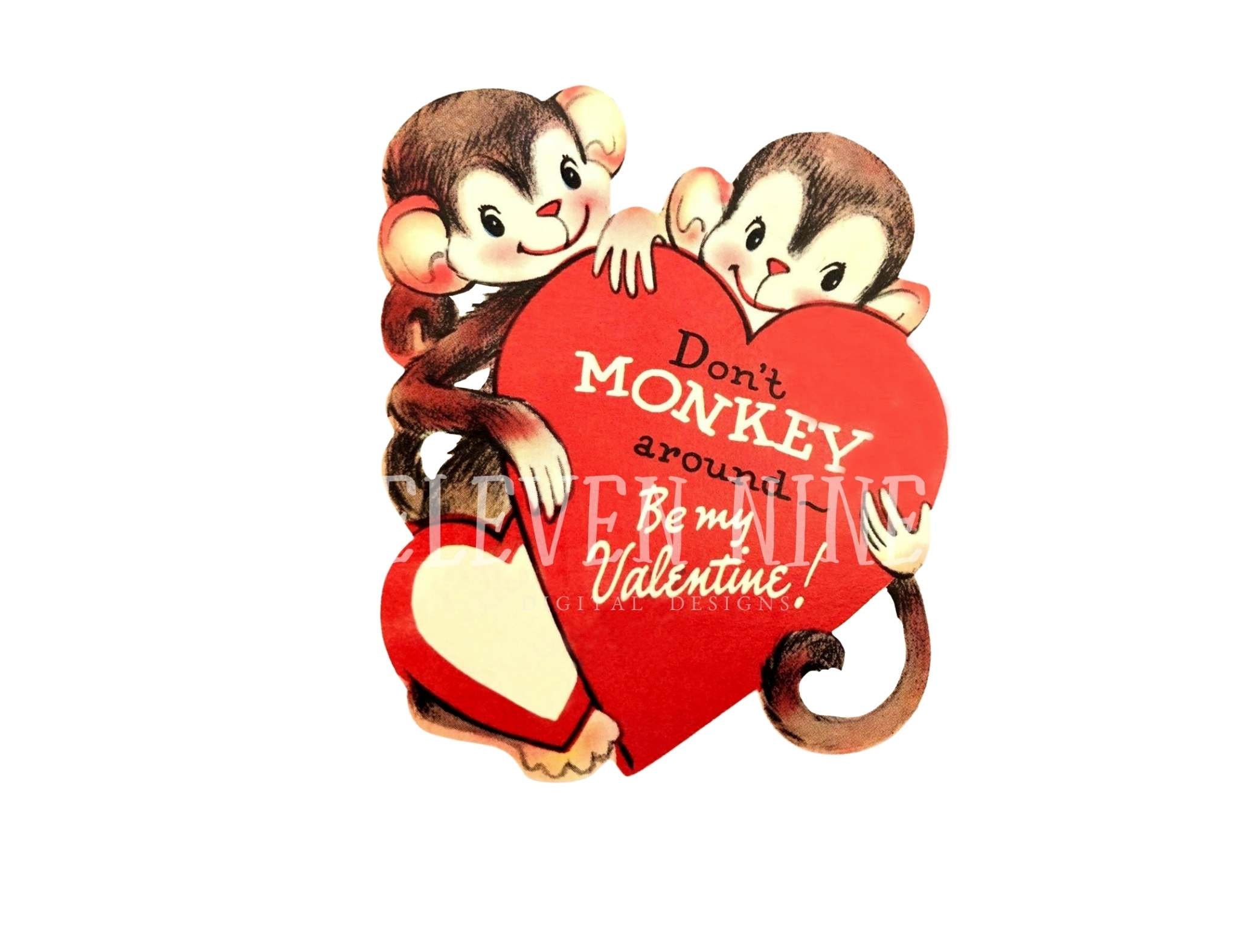 Vintage Valentines Clipart, Retro Valentines, Monkey Clipart, Valentine ...
