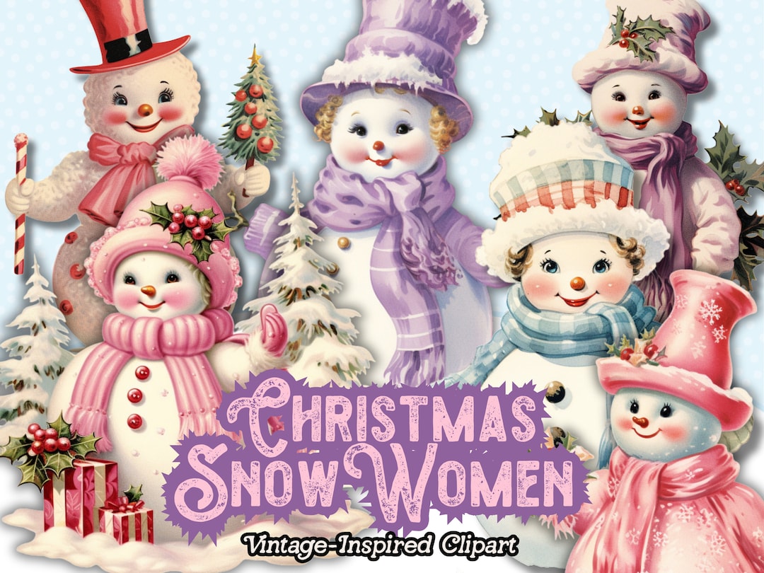 Christmas Snowmen Digital Clipart, Cute Snowmen Clipart PNG, Vintage ...