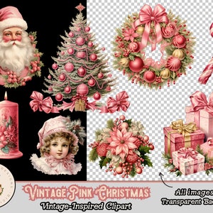 Pink Christmas Clipart, Vintage Pink Christmas PNG, Pink Winter Clipart ...