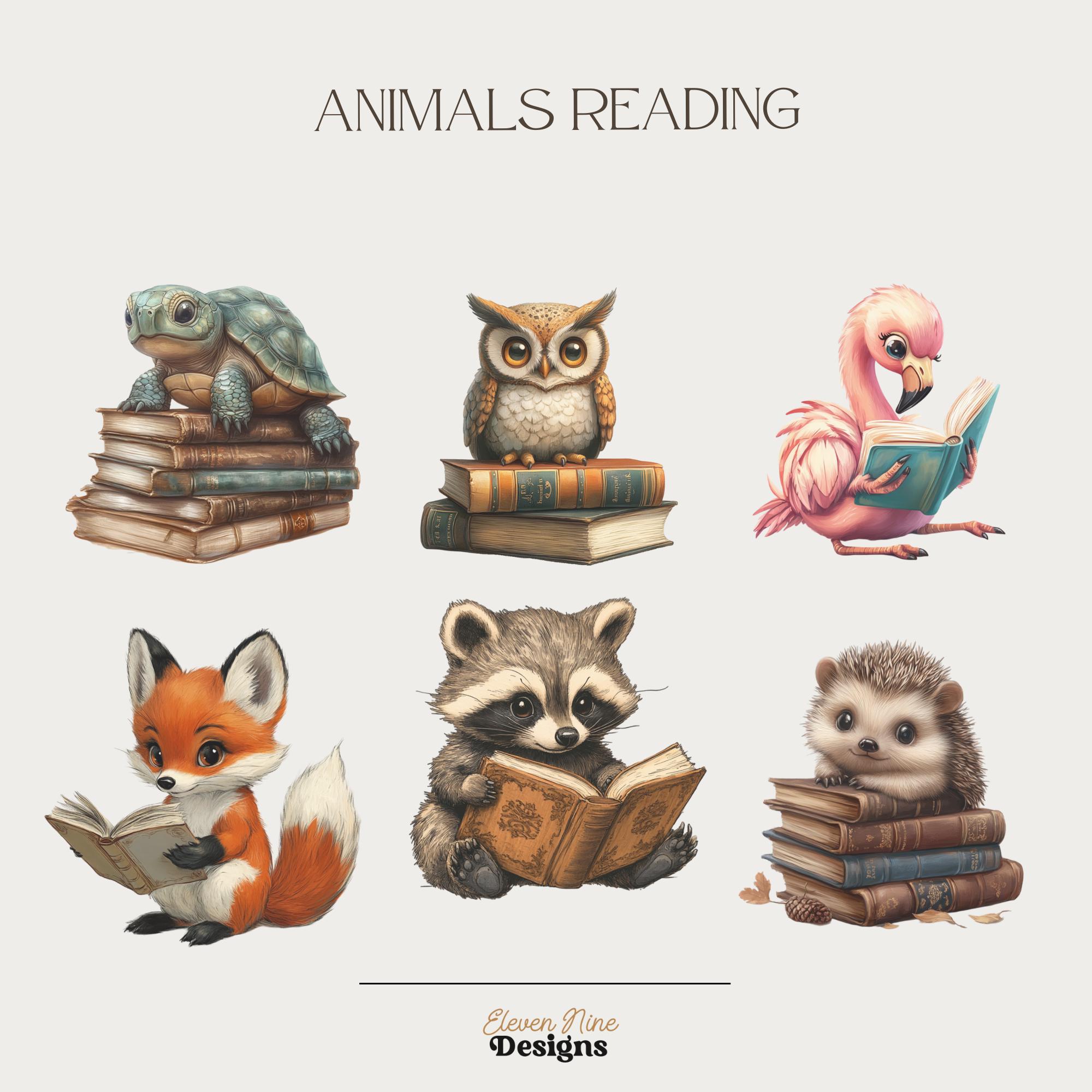 Adorable Animal Readers Clipart, Cute Reading Animals PNG, Digital Book ...