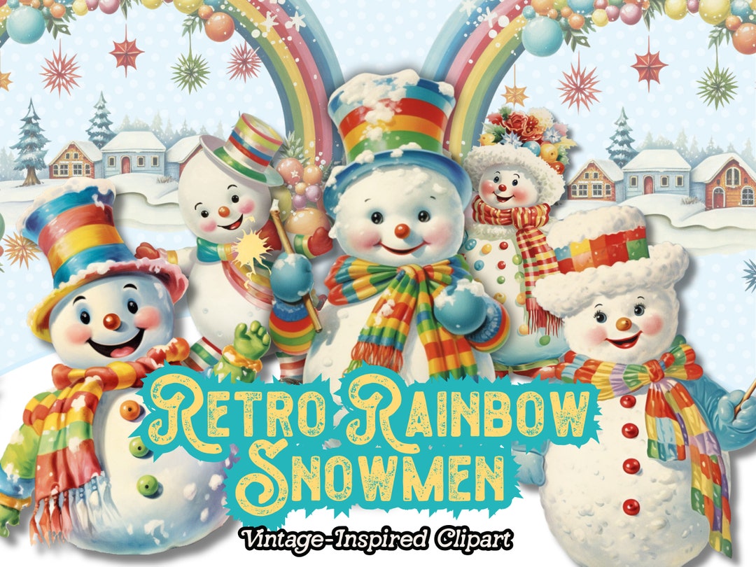 Snowmen Digital Clipart, Cute Rainbow Snowmen Clipart PNG, Retro ...