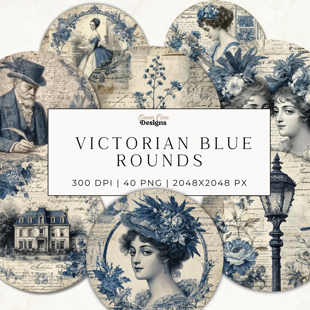 Victorian Blue PNG, Vintage Blue Ephemera Circles, Blue Junk Journal ...