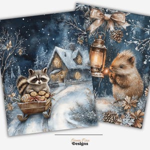 Silent Night Snowy Forest Digital Paper, Woodland Blue Christmas ...