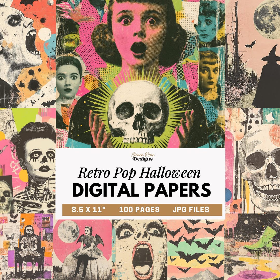 Retro Pop Halloween Digital Papers, Vintage Horror Collage Backgrounds ...