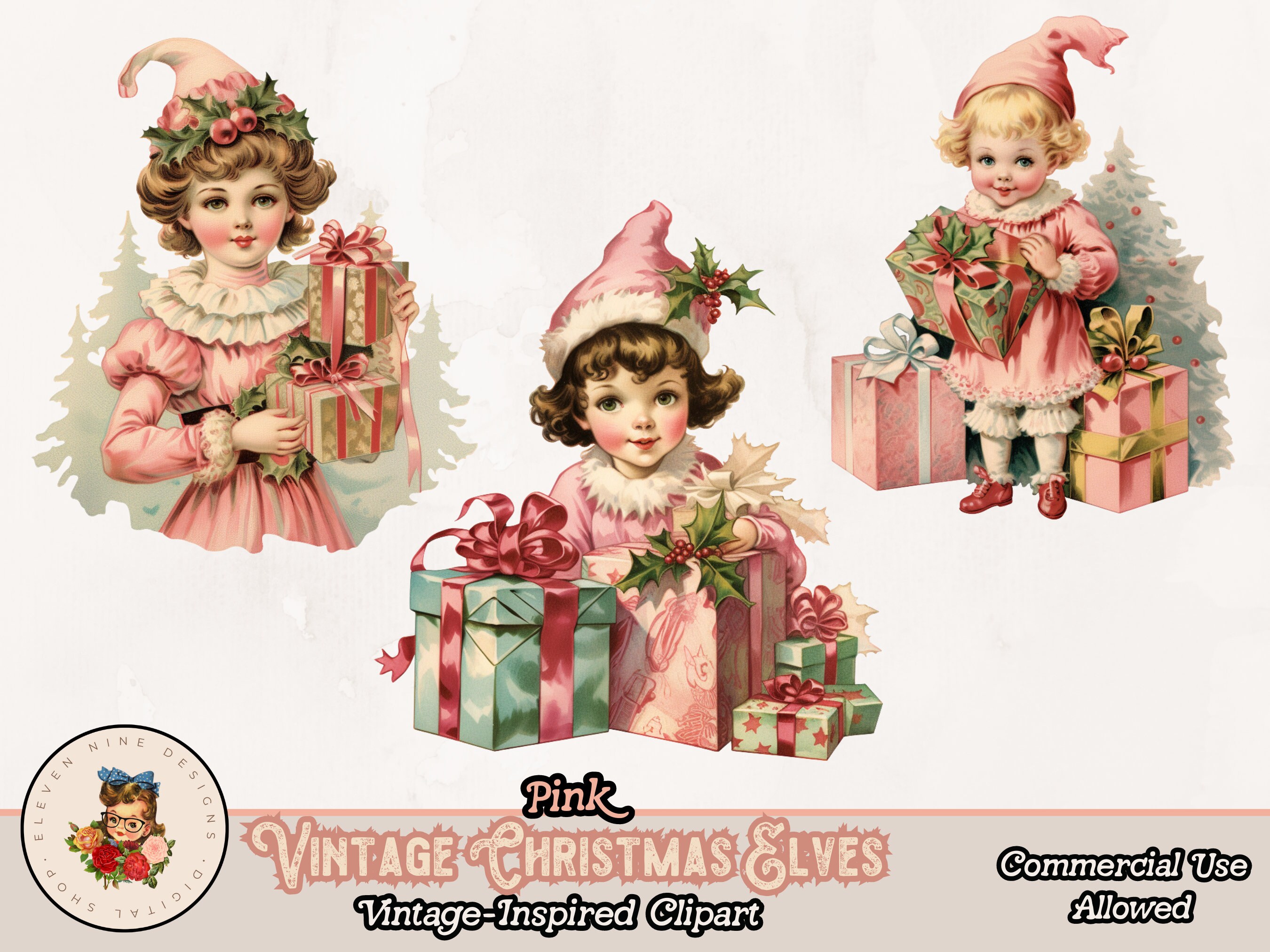 Pink Christmas Elf Clipart, Vintage Pink Christmas PNG, Pink Elves ...