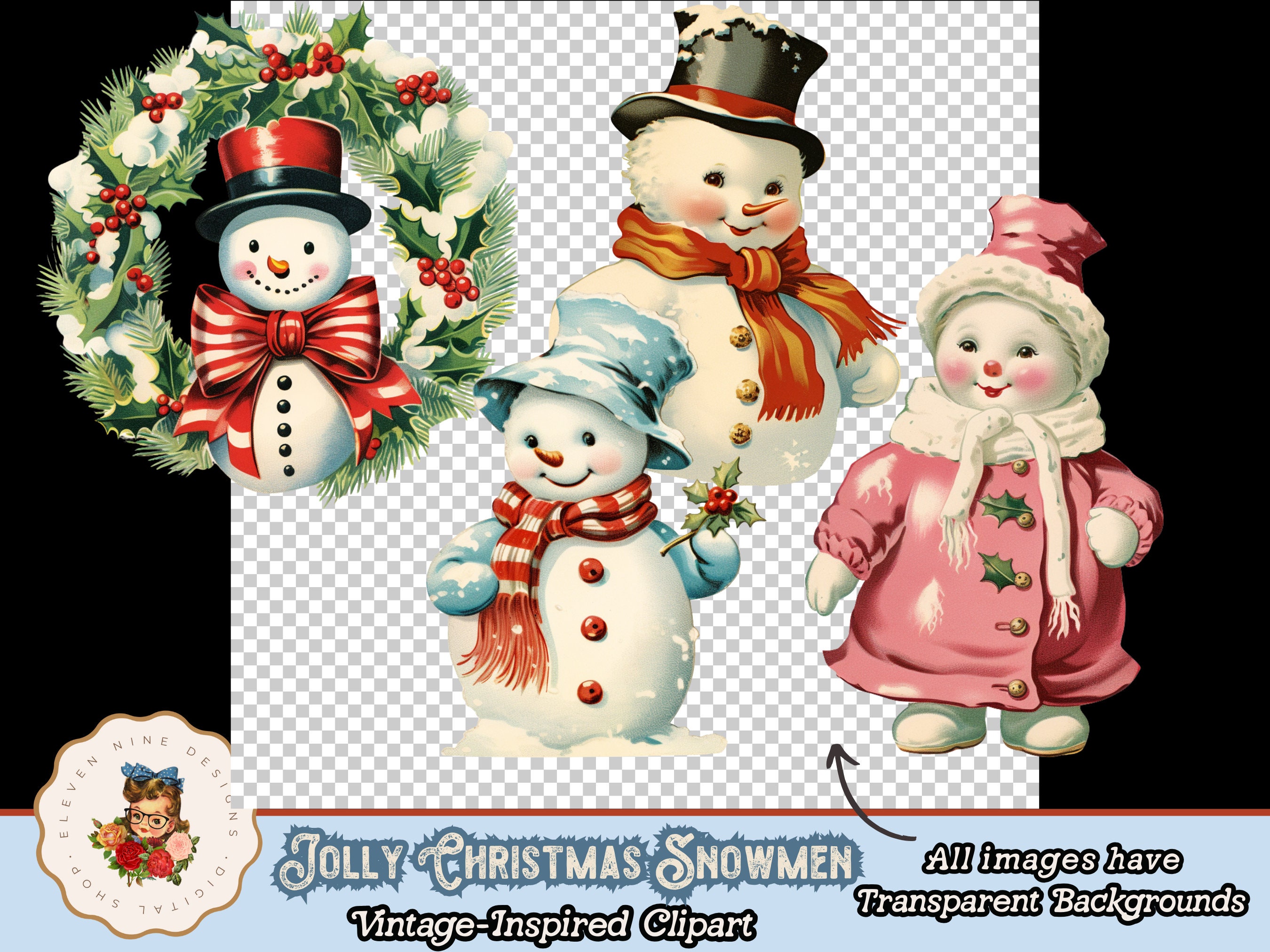 Christmas Snowmen Digital Clipart, Cute Snowmen Clipart PNG, Vintage ...