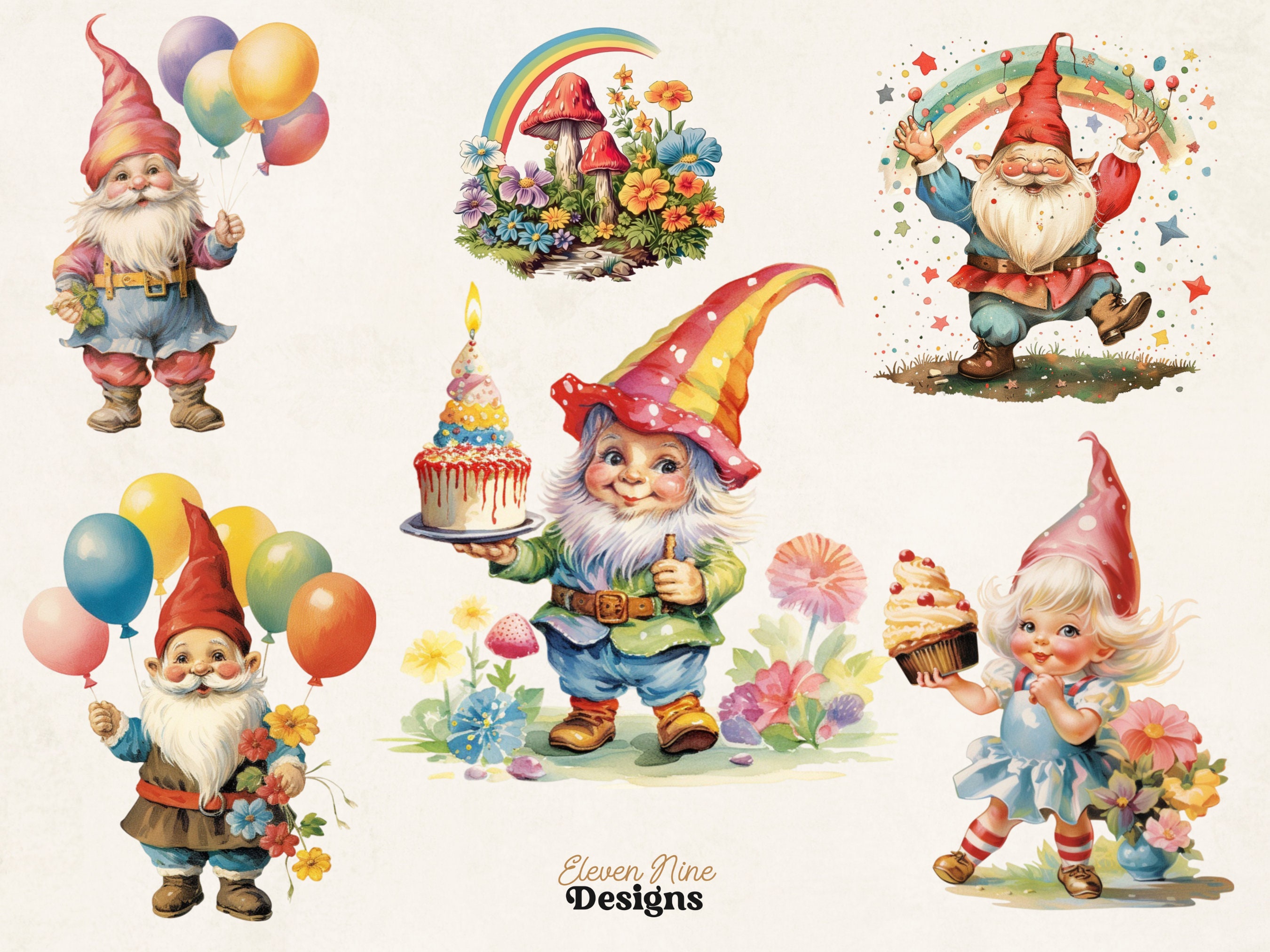 Rainbow Gnomes Clipart, Cute Gnome PNG, Rainbow Clipart, Floral and ...