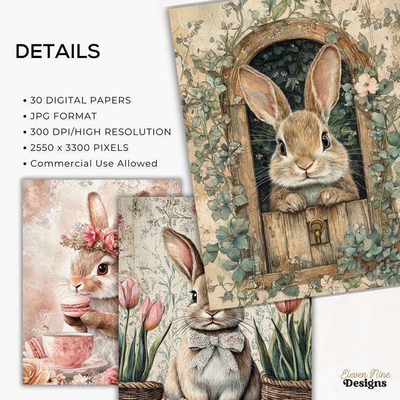 Neutral Spring Bunny Digital Paper Pack – 30 8.5x11” Jpgs, Vintage ...