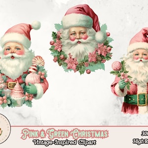 Vintage Christmas Clipart, Mint Green and Pink, Retro Pastel Christmas ...