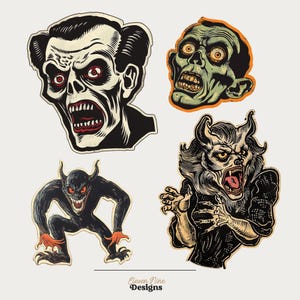 Retro Halloween Horror Clipart, PNG Vintage Monster Graphics, Classic ...