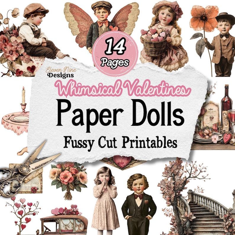 Valentines Printable Paper Dolls, Vintage Whimsical Children, Digital ...