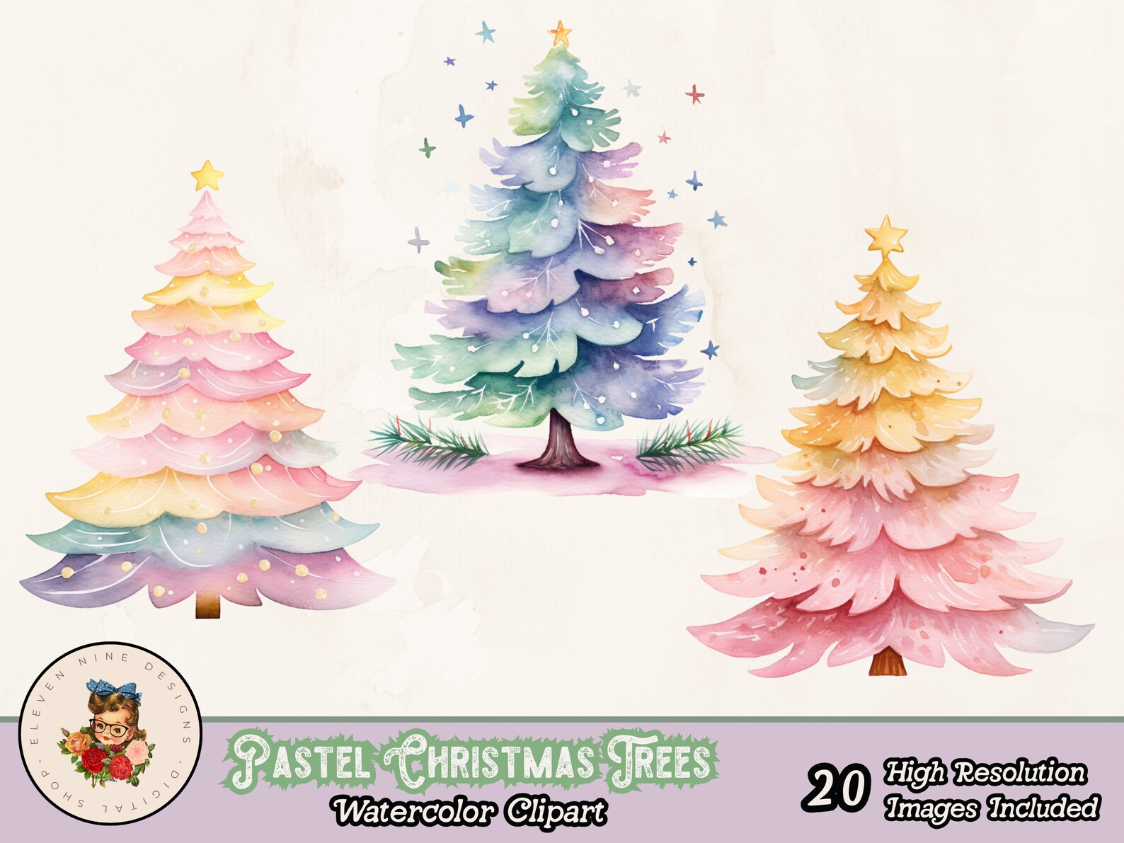Watercolor Pastel Christmas Clipart, Pastel Christmas Tree PNG, Pink ...
