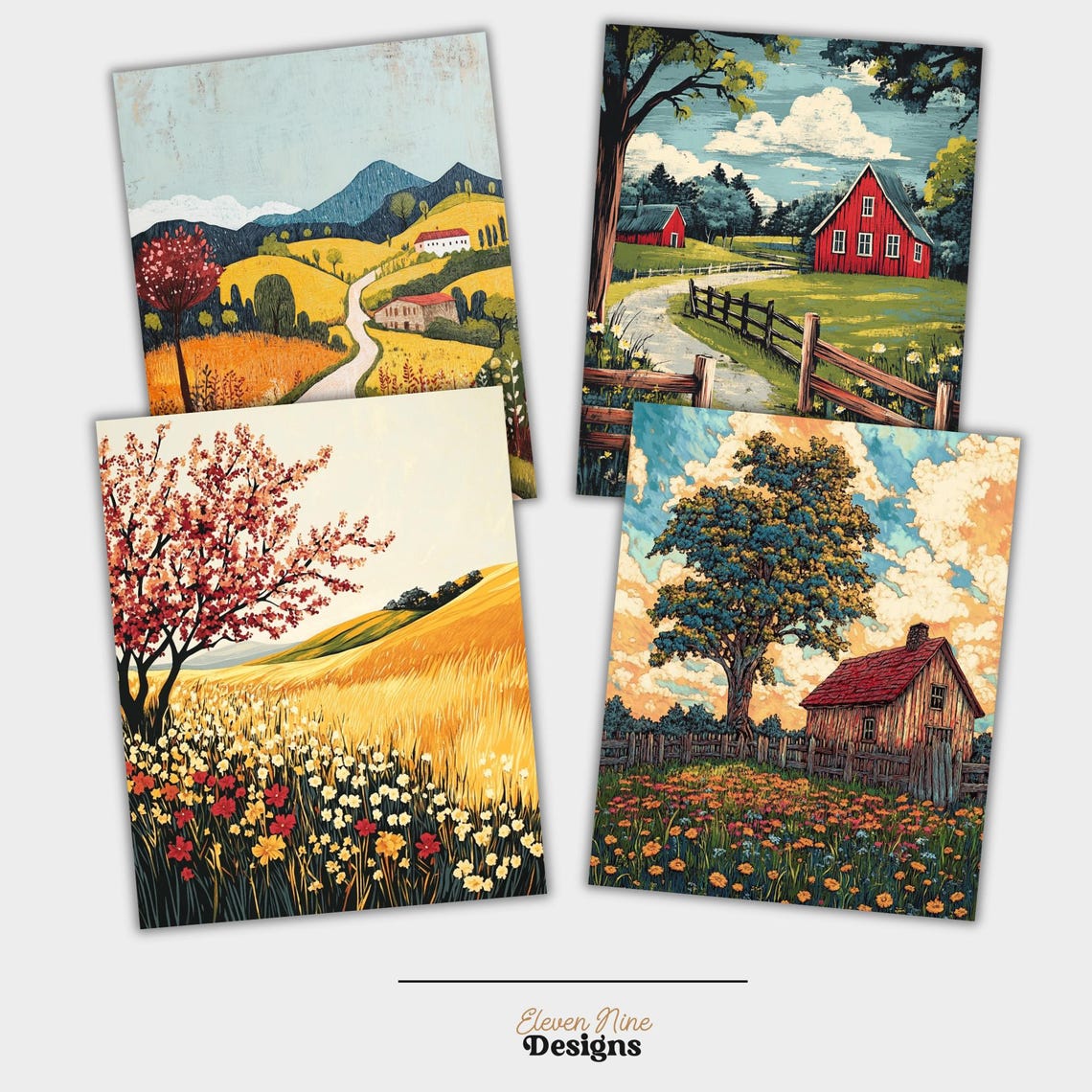 Country Roads Digital Art Prints Bundle – Colorful Landscape Cottage ...