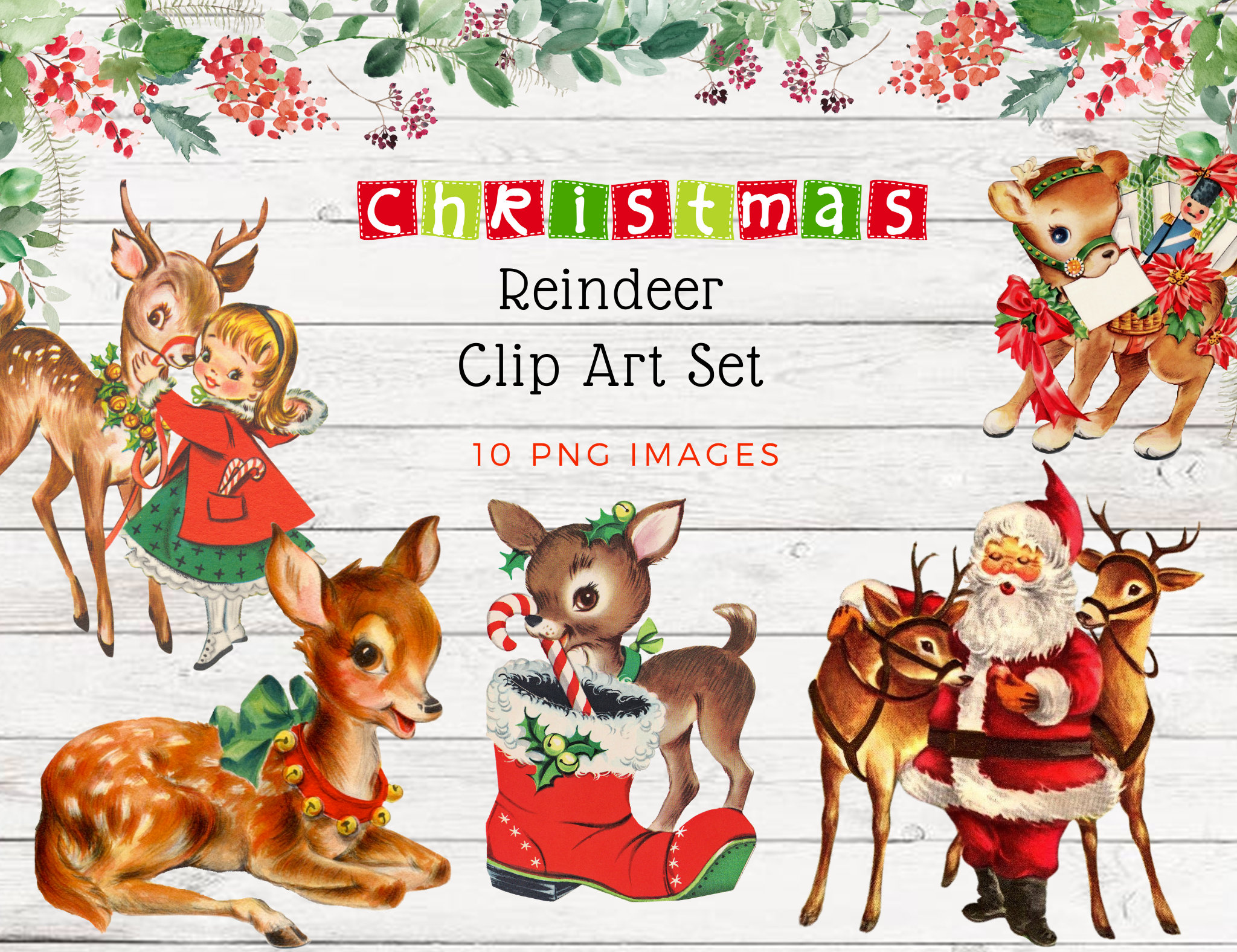 Reindeer Clipart Christmas Clipart Retro Vintage Christmas - Etsy