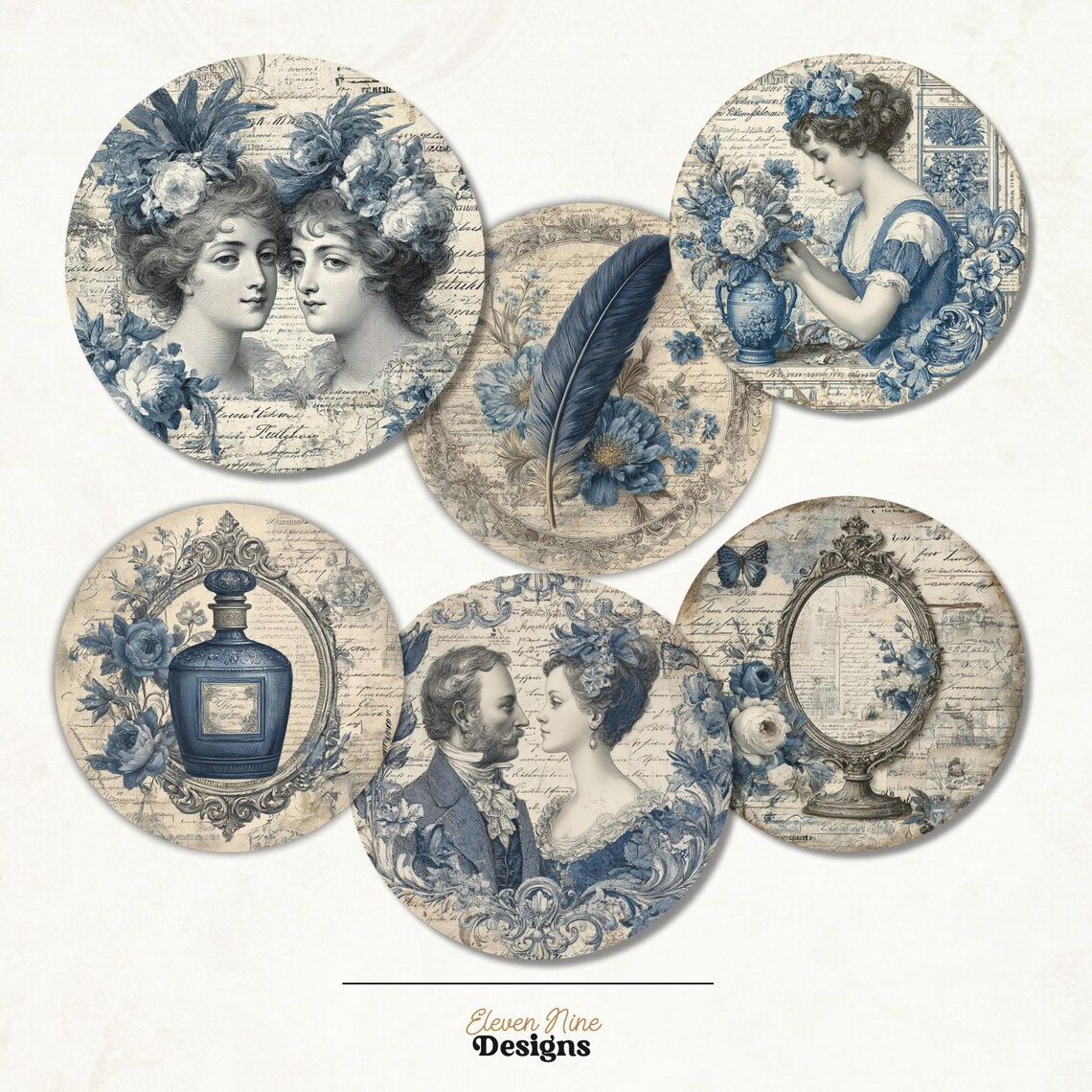 Victorian Blue PNG, Vintage Blue Ephemera Circles, Blue Junk Journal ...