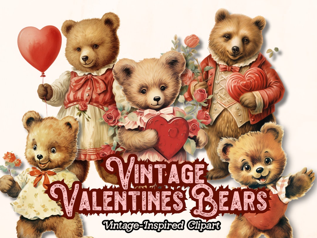 Valentines Bears Clipart, Teddy Bear PNG, Vintage Valentines Clipart ...