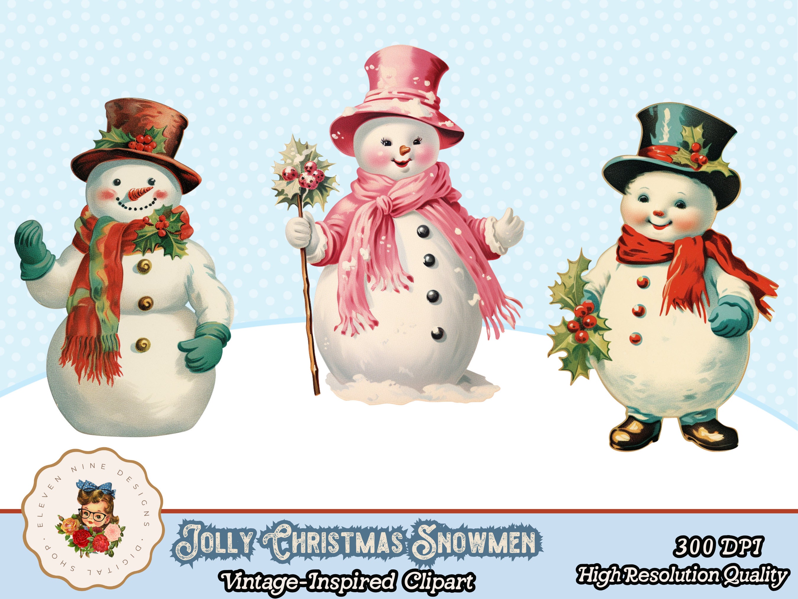 Christmas Snowmen Digital Clipart, Cute Snowmen Clipart PNG, Vintage ...