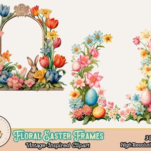 Floral Easter Frame Clipart, Easter Flowers PNG, Vintage Easter Clipart ...