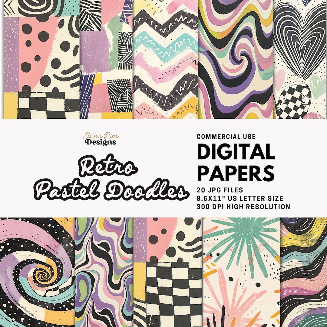 Retro Pastel Doodles Digital Paper, 80s 90s Pattern Paper, Abstract ...