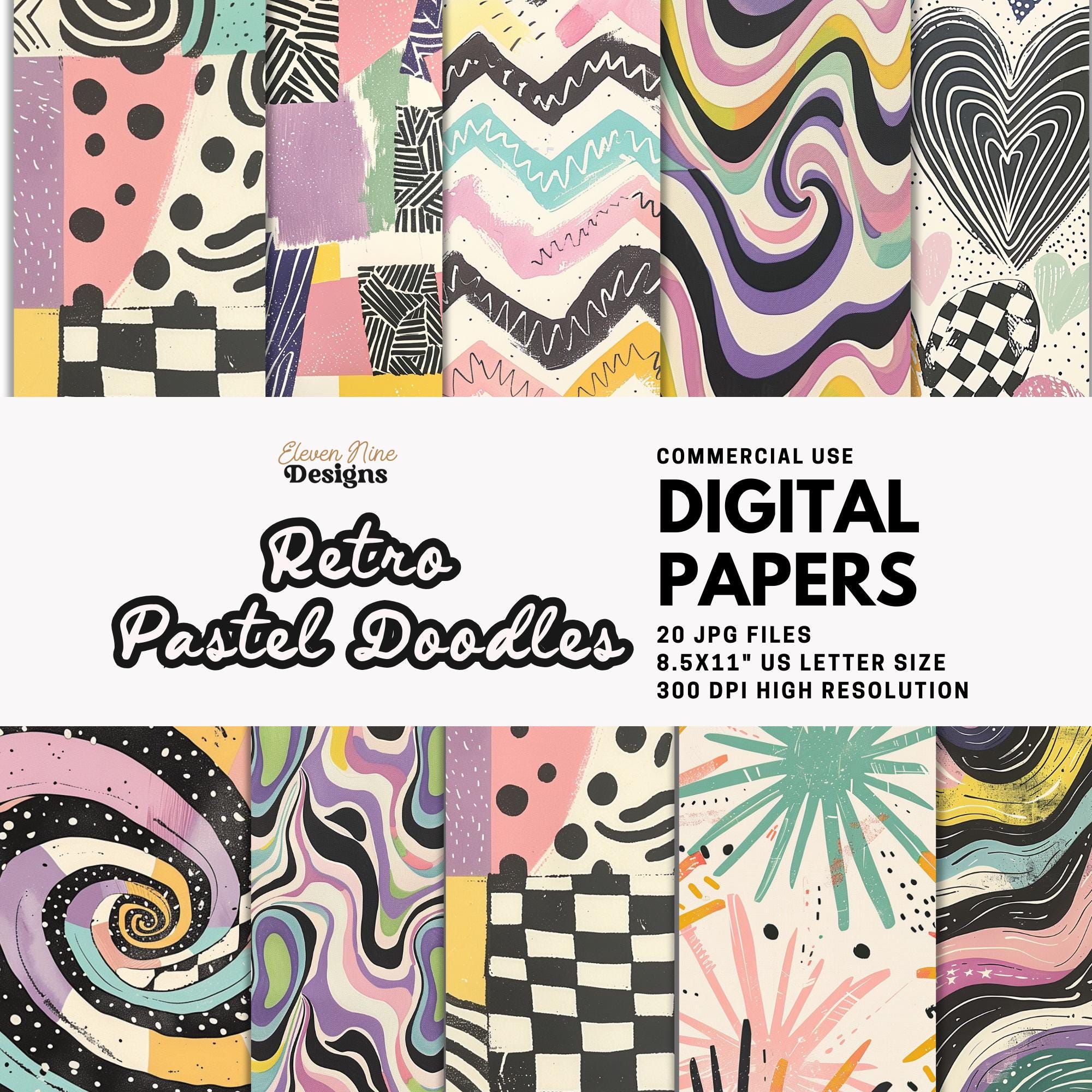 Retro Pastel Doodles Digital Paper, 80s 90s Pattern Paper, Abstract ...