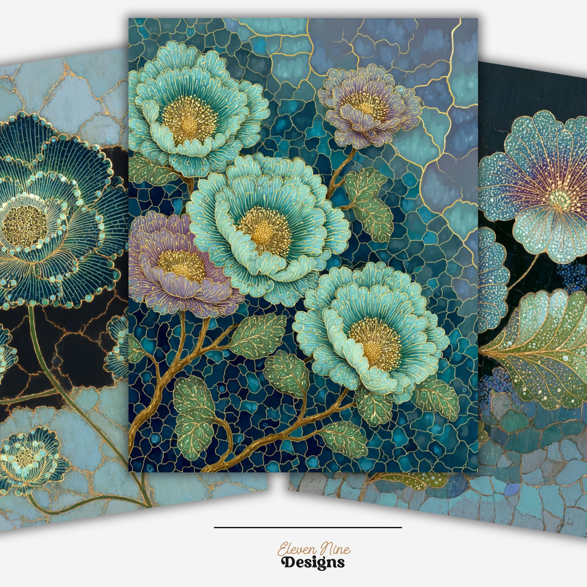 Blue Green Floral Digital Paper | Stained Glass Wildflowers Scrapbook ...