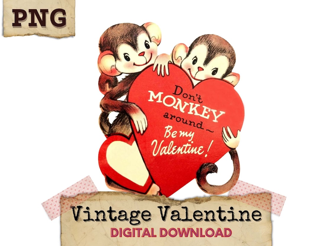 Vintage Valentines Clipart, Retro Valentines, Monkey Clipart, Valentine ...