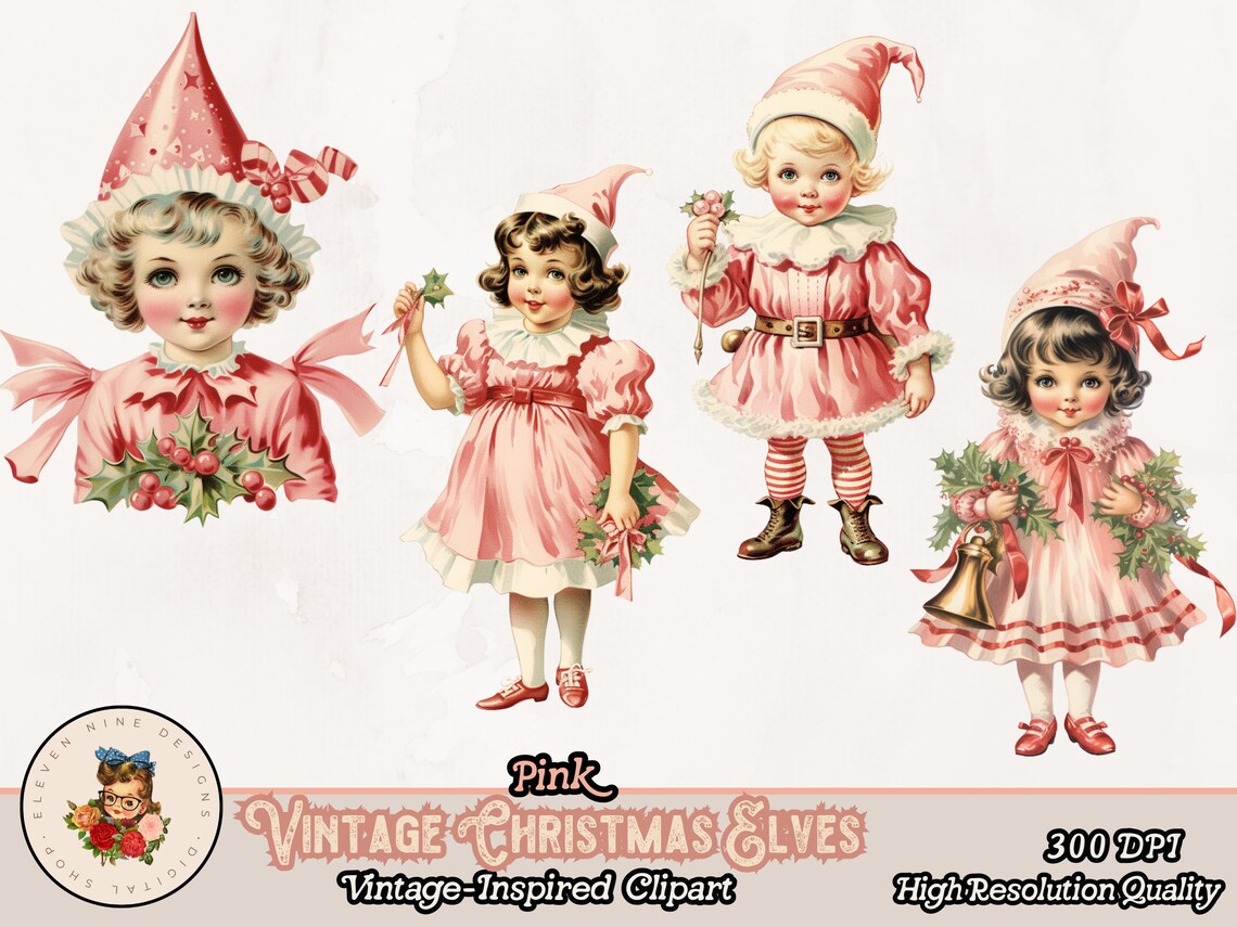 Pink Christmas Elf Clipart, Vintage Pink Christmas PNG, Pink Elves ...