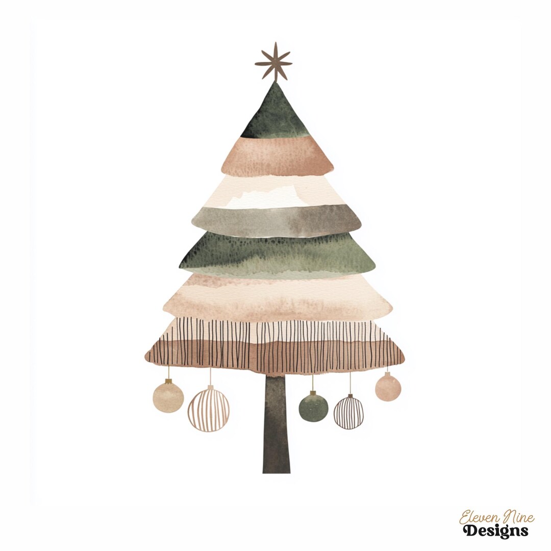 Boho Christmas Tree JPG Clipart, Modern Neutral Watercolor Holiday Line ...