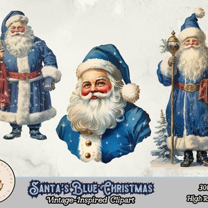 Blue Christmas Clipart, Vintage Blue Santa Christmas PNG, Blue Winter ...
