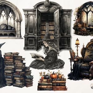 Witch Clipart Bundle, Library Clipart, Book PNG, Haunted Gothic ...