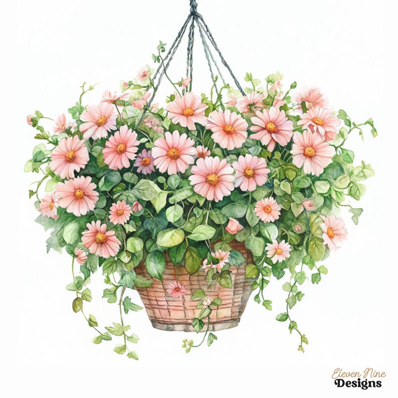 Hanging Flower Basket Clipart, Watercolor Floral Arrangements ...