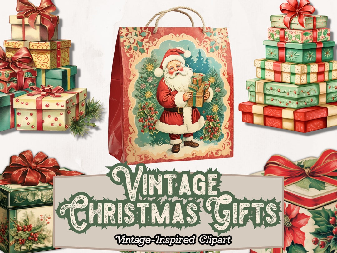 Christmas Gift Clipart PNG, Vintage Christmas Clipart, Christmas Ephemera, Gift Bag Gift Box ...