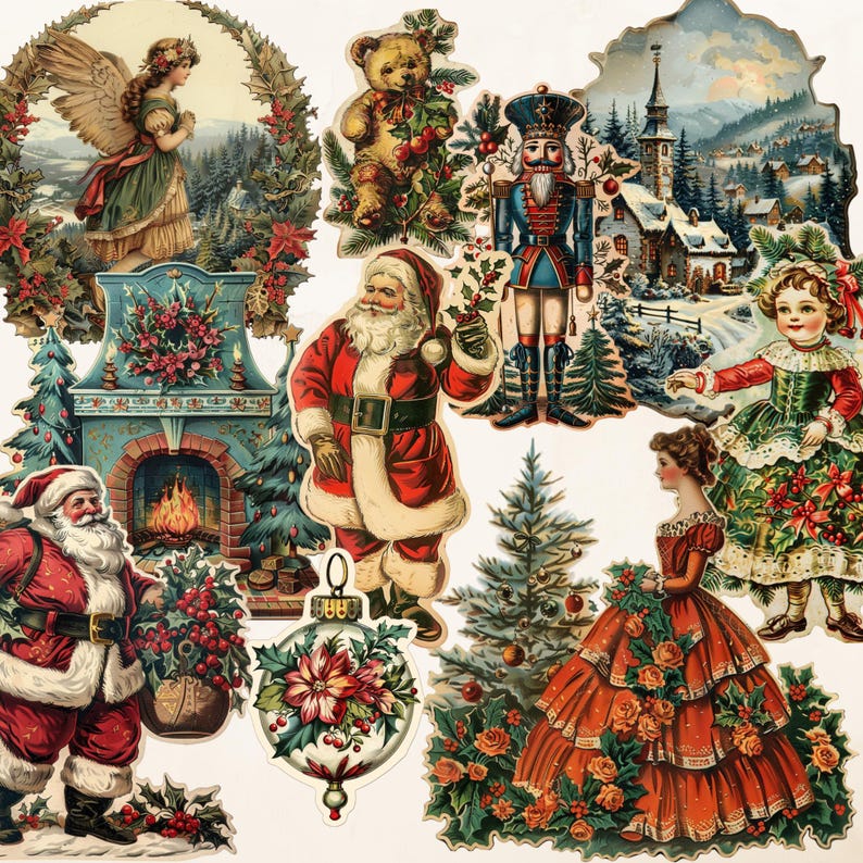 Victorian Christmas Clipart, Antique Vintage Christmas PNG Stickers ...
