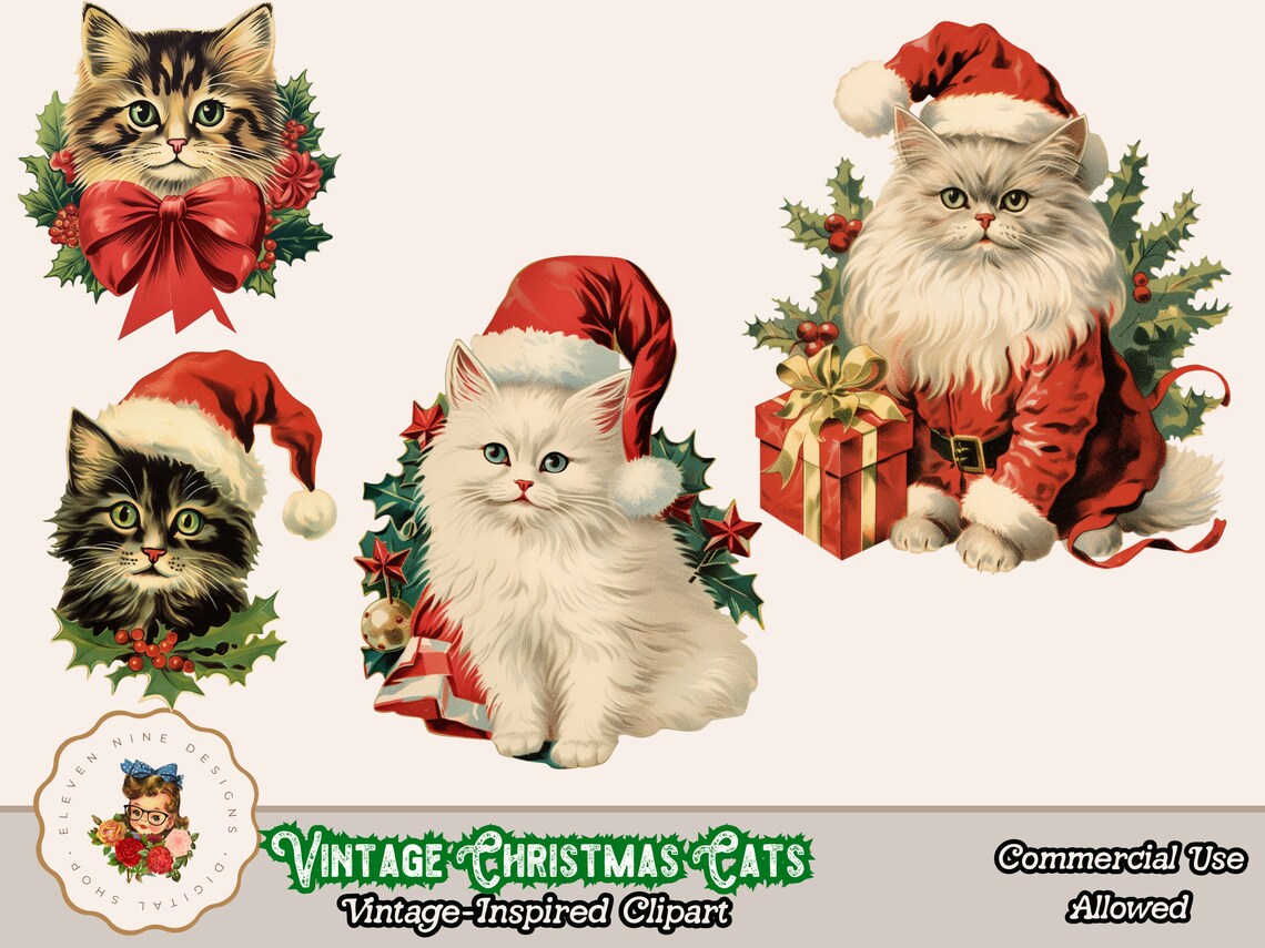 Christmas Cat Clipart, Kitten PNG, Vintage Christmas Clipart, Cute Cats ...