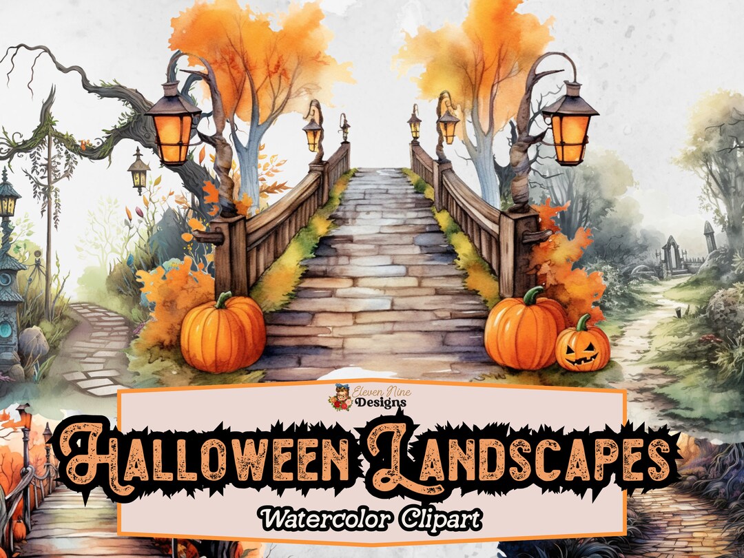 Watercolor Halloween Landscape Clipart, Halloween PNG, Commercial Use ...