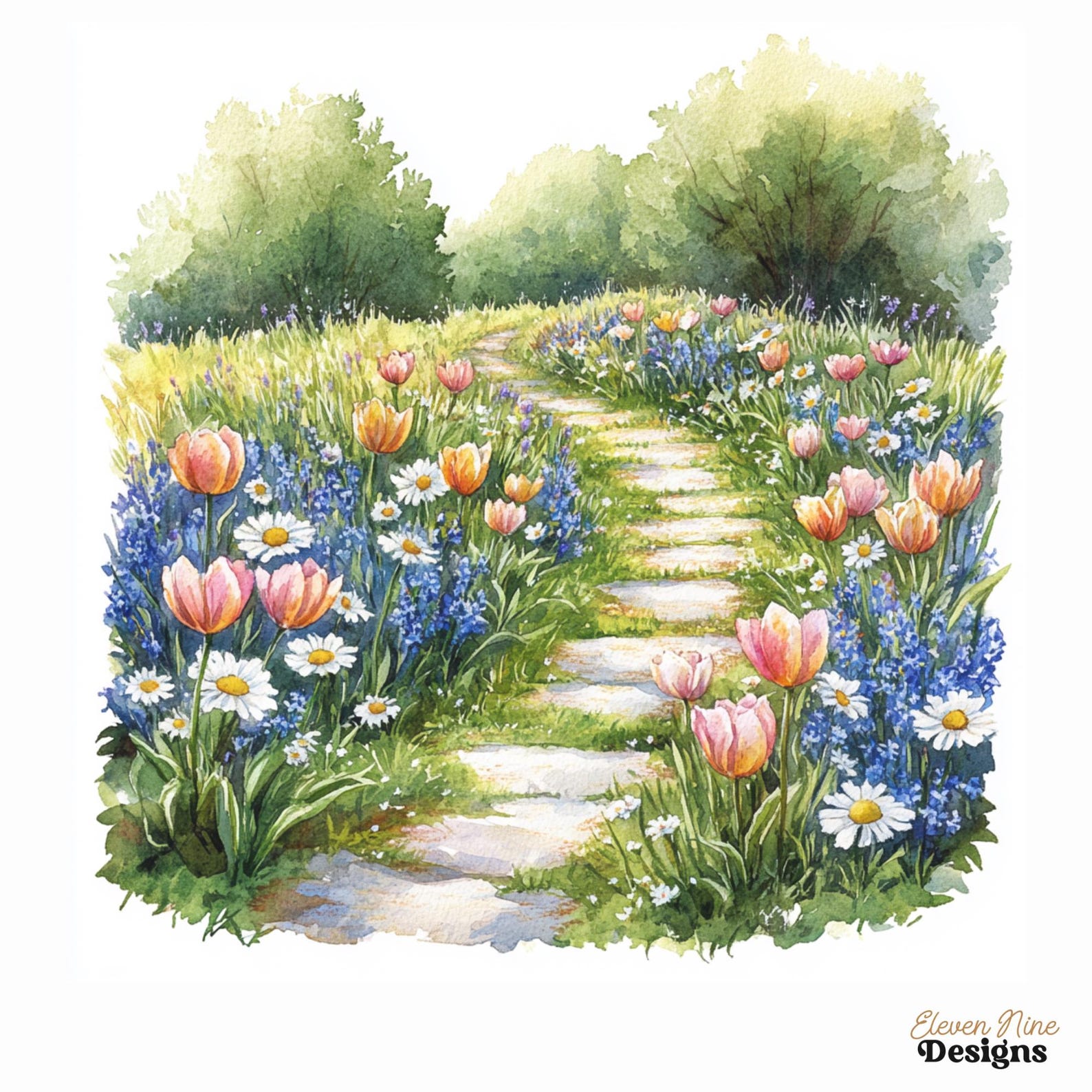 Spring Garden Scenes Clipart, Watercolor Spring Landscapes JPG, Floral ...