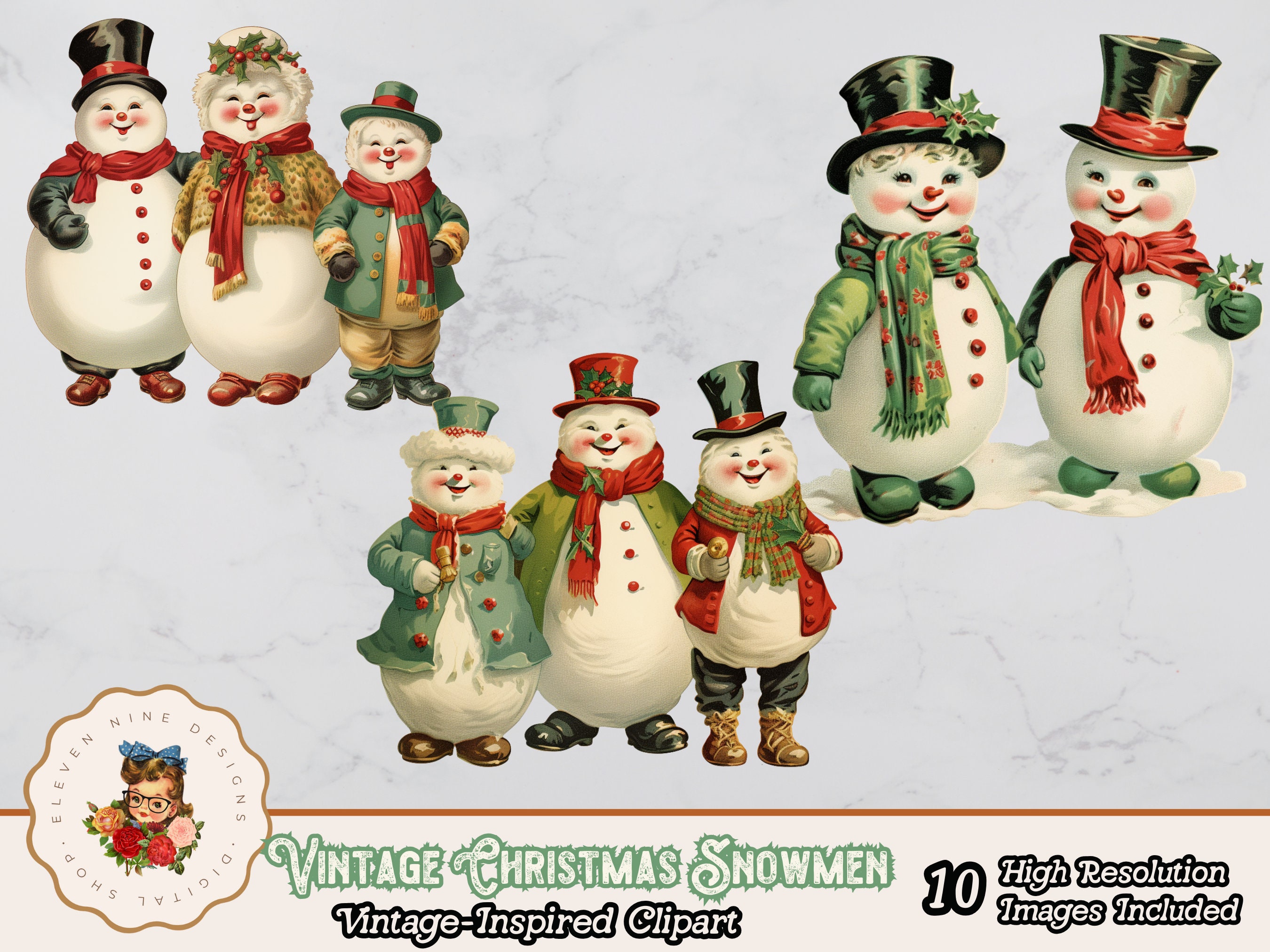 Christmas Snowmen Digital Clipart, Cute Snowmen Clipart PNG, Vintage ...