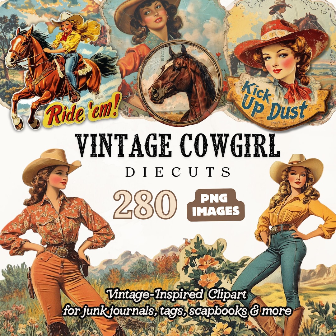 Vintage Cowgirl Clipart, Western Theme Graphics, Retro Cowgirl ...