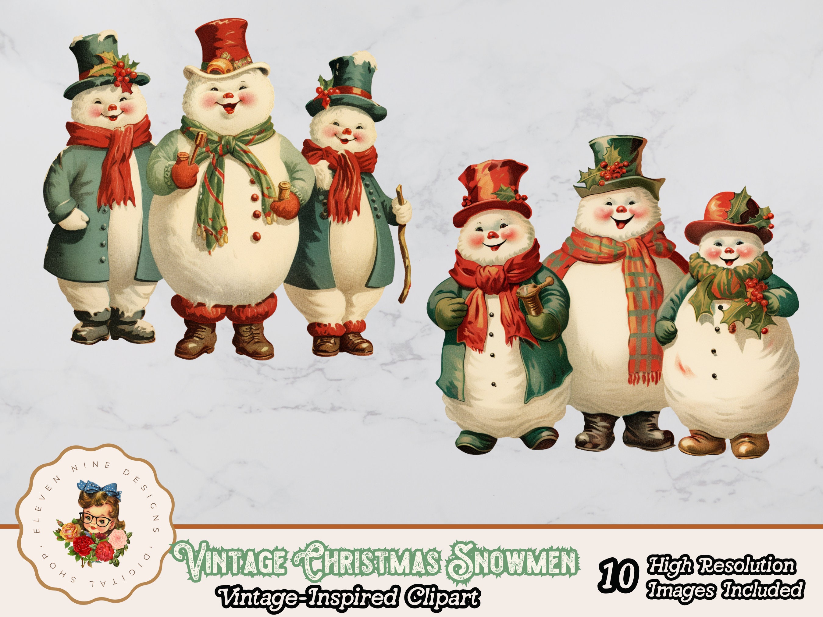 Christmas Snowmen Digital Clipart, Cute Snowmen Clipart PNG, Vintage ...