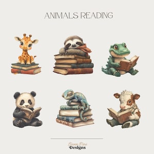 Adorable Animal Readers Clipart, Cute Reading Animals PNG, Digital Book ...