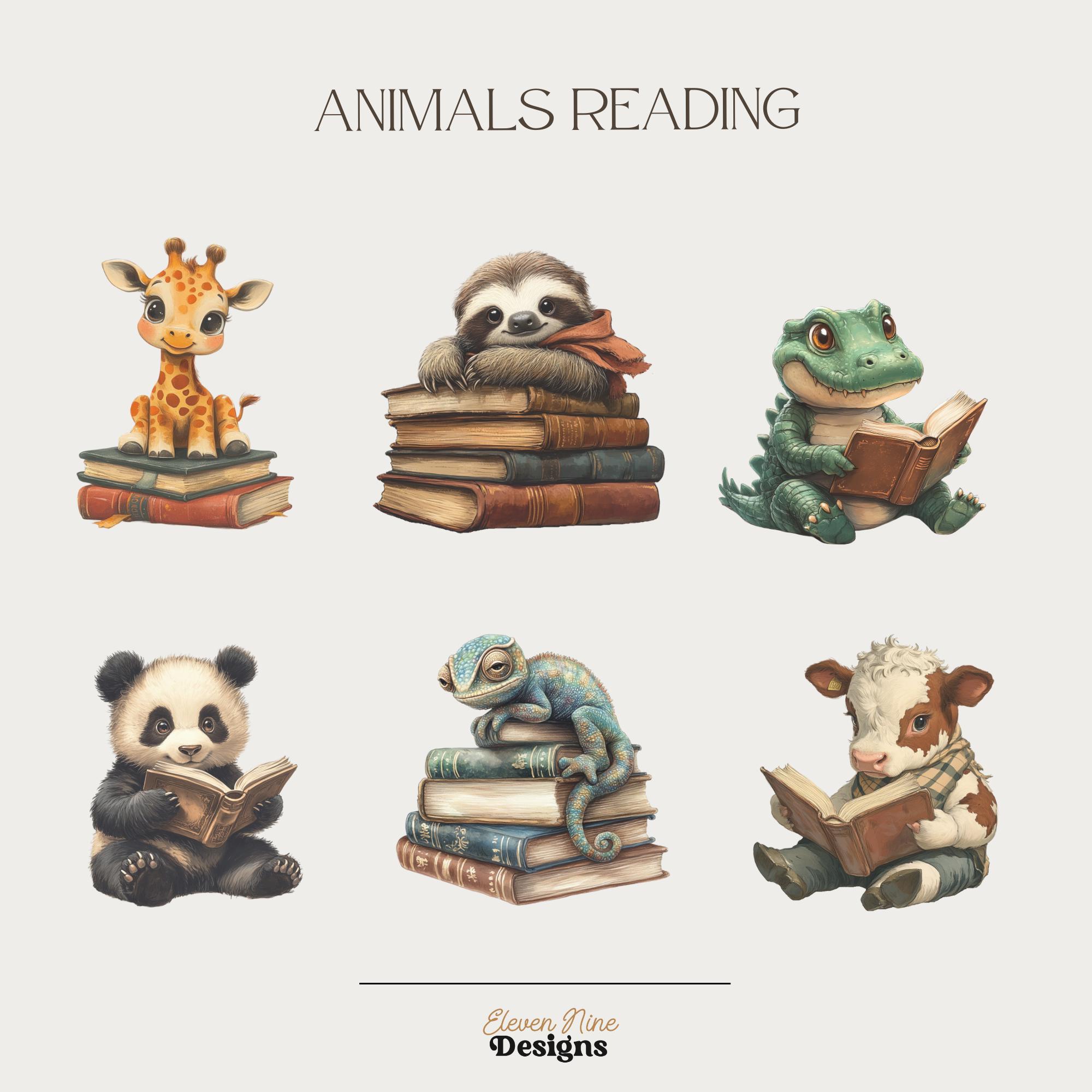 Adorable Animal Readers Clipart, Cute Reading Animals PNG, Digital Book ...