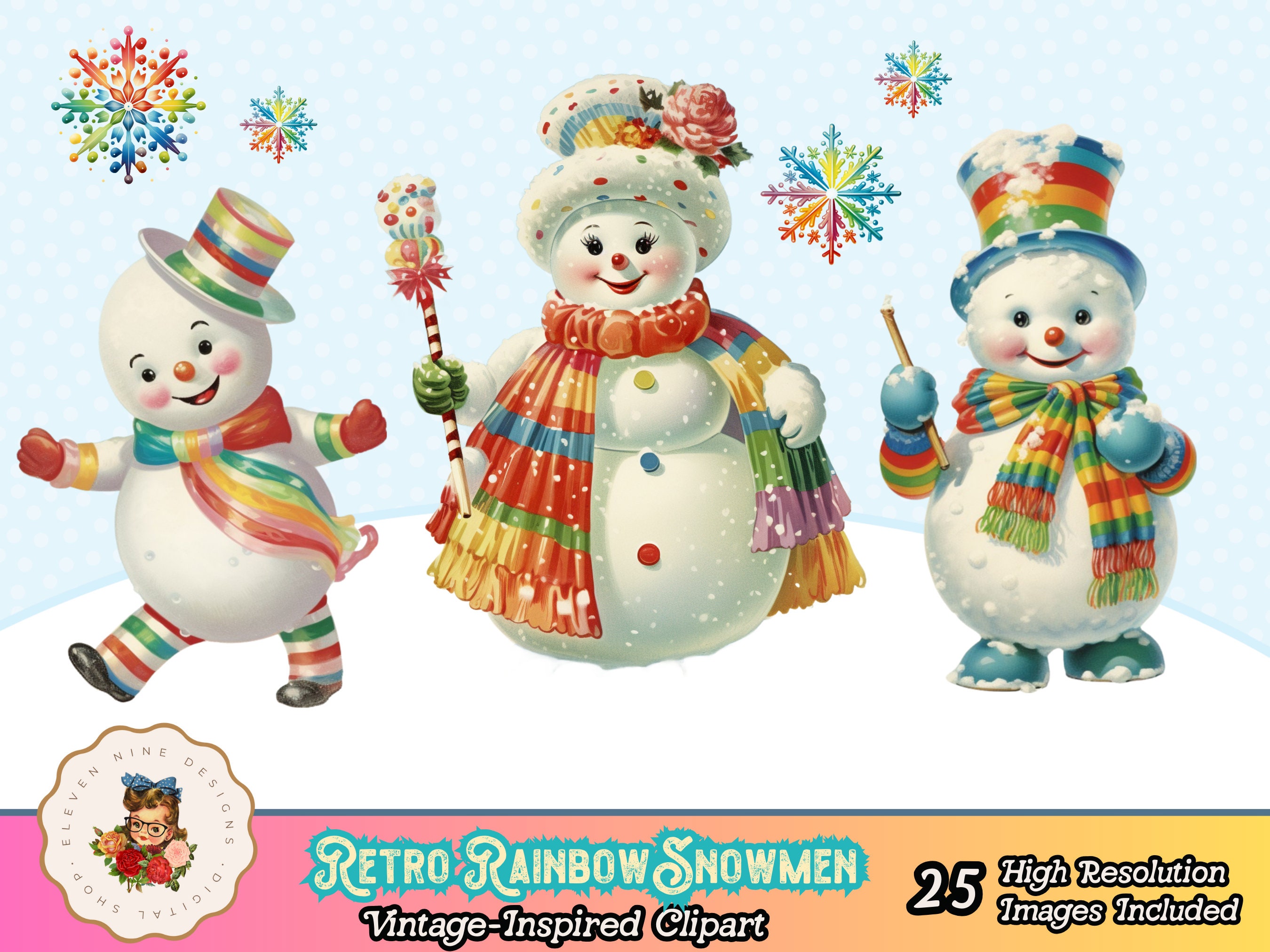 Snowmen Digital Clipart, Cute Rainbow Snowmen Clipart PNG, Retro ...