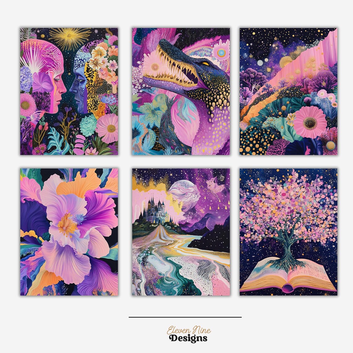 Neon Cosmic Nature Digital Paper | Surreal Dreamscape, Galaxy Fantasy ...