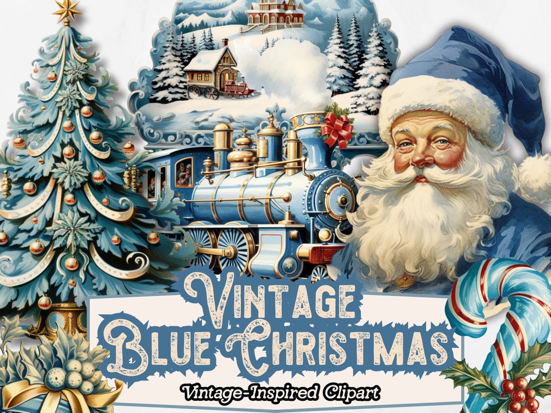 Blue Christmas Clipart, Vintage Blue Christmas PNG, Blue Winter Clipart ...